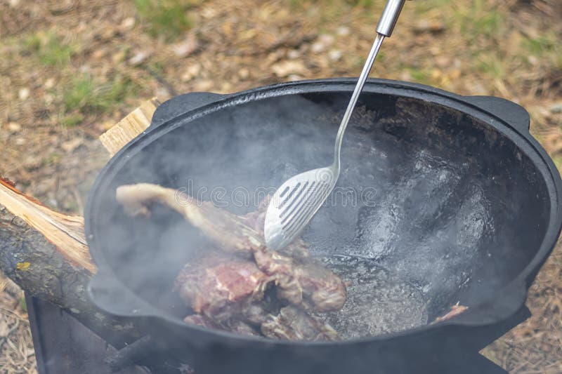 Street Lighting. Fire. a Cooking Pot. Meat is Fried Stock Photo - Image ...