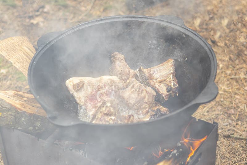 Street Lighting. Fire. a Cooking Pot. Meat is Fried. Close-up Stock ...