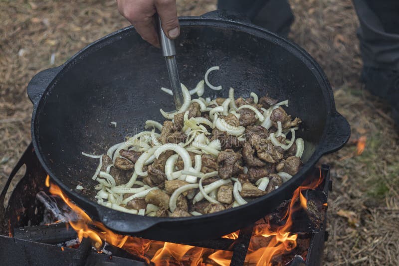 Street Lighting. Fire. a Cooking Pot. Meat is Fried Stock Image - Image ...