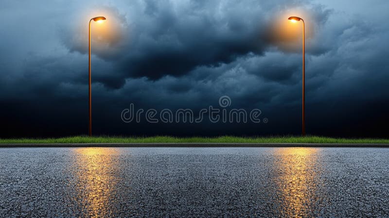 Street Lighting Under Dramatic Stormy Skies with Reflective Wet ...