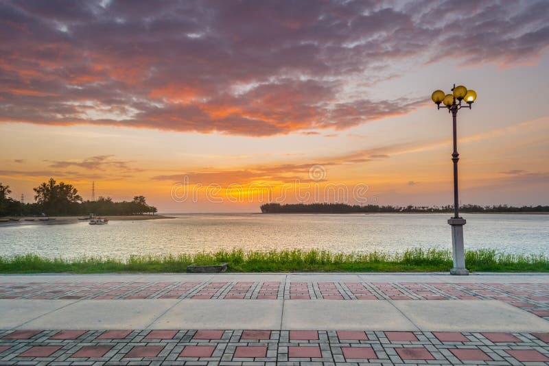 Street Lighting on the Walkway and Beach Stock Photo - Image of ...