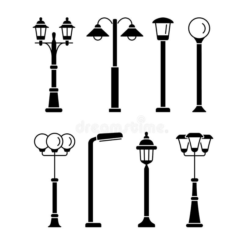 Street Lights. Outdoor Park & Garden Lighting. Vector Flat Icon Set ...