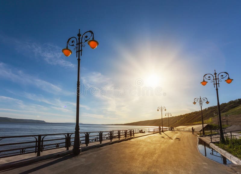 Street Lights on the Promenade of Great River Stock Photo - Image of ...