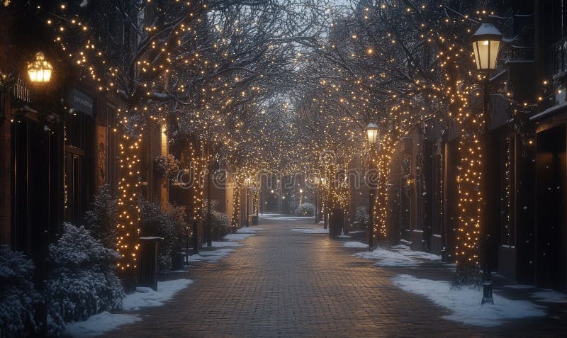 A Street with Lights on the Trees and a Lamp Post Stock Image - Image ...