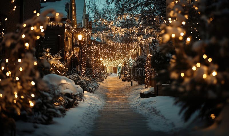 A Street with Lights on the Trees and a Path Stock Image - Image of ...
