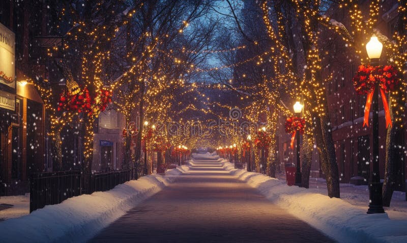 A Street with Lights on the Trees and a Red Ribbon on a Light Stock ...