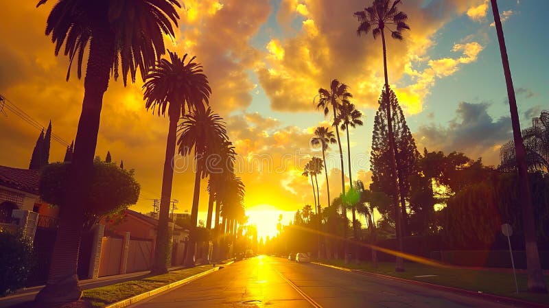 A Street Lined with Palm Trees at Sunset with the Sun Setting Behind ...