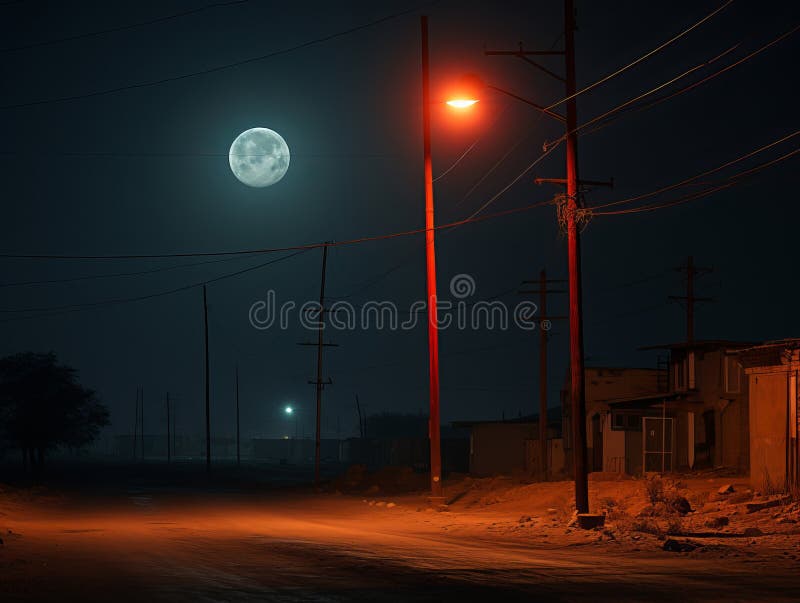 A Street Lit Up at Night with a Full Moon Stock Illustration ...