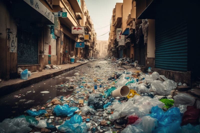 Street Littered with Plastic Waste and Overflowing Garbage Stock ...