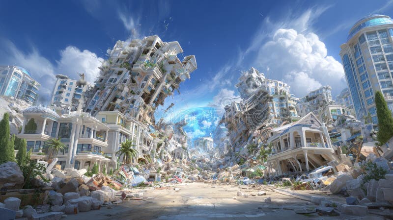 A Street Littered with Rubble after an Earthquake, Featuring Damaged ...