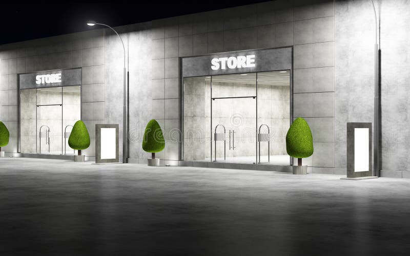 Street with Modern Empty Stores Front with Big Windows at Night. Stock ...