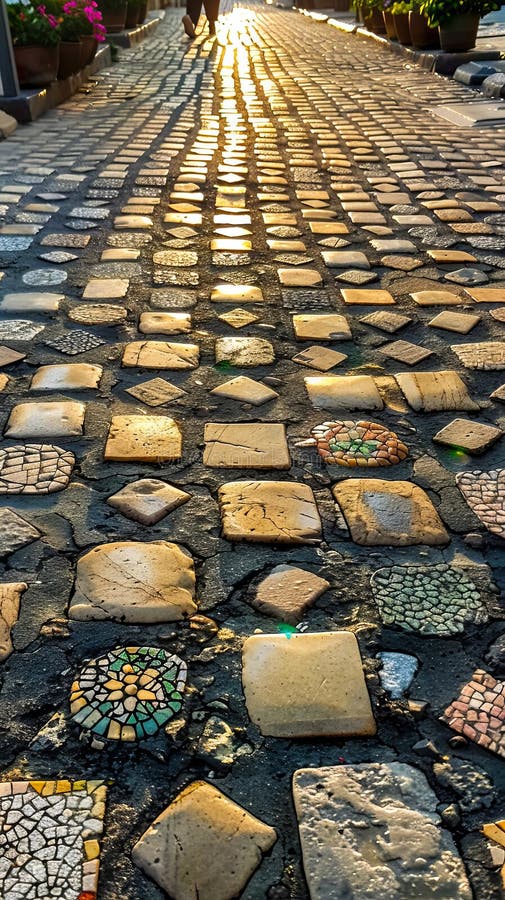 A Street with Mosaic Tiles and People Walking on it Stock Image - Image ...