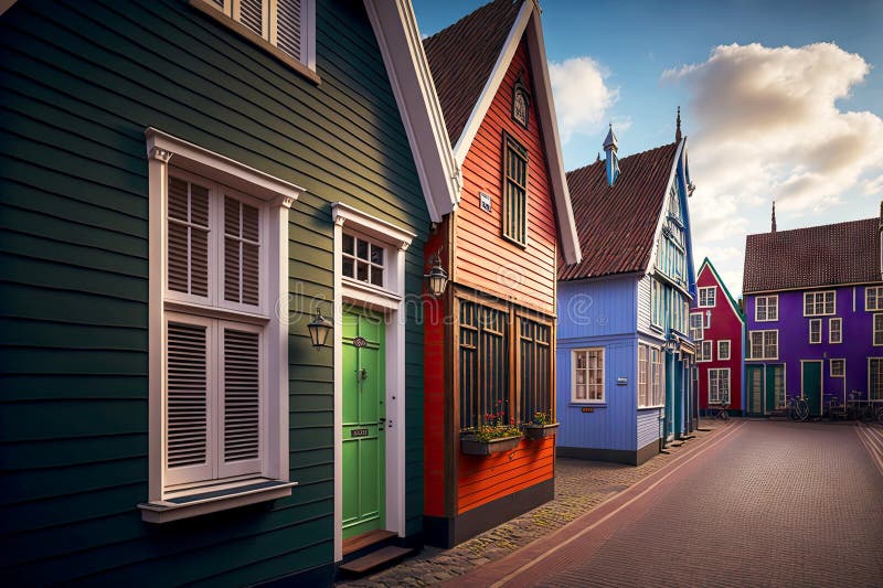 Street with Multi-colored Dutch Wooden Tiny House Stock Illustration ...