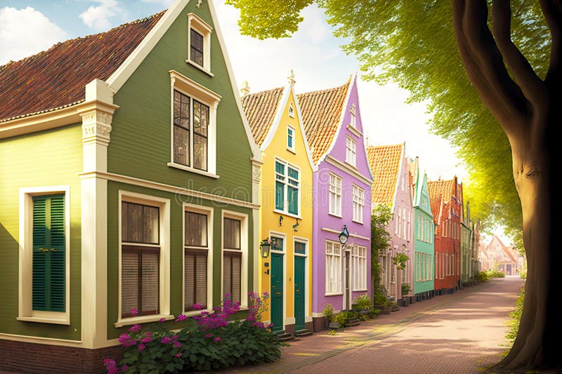 Street with Multi-colored Dutch Wooden Tiny House Stock Illustration ...