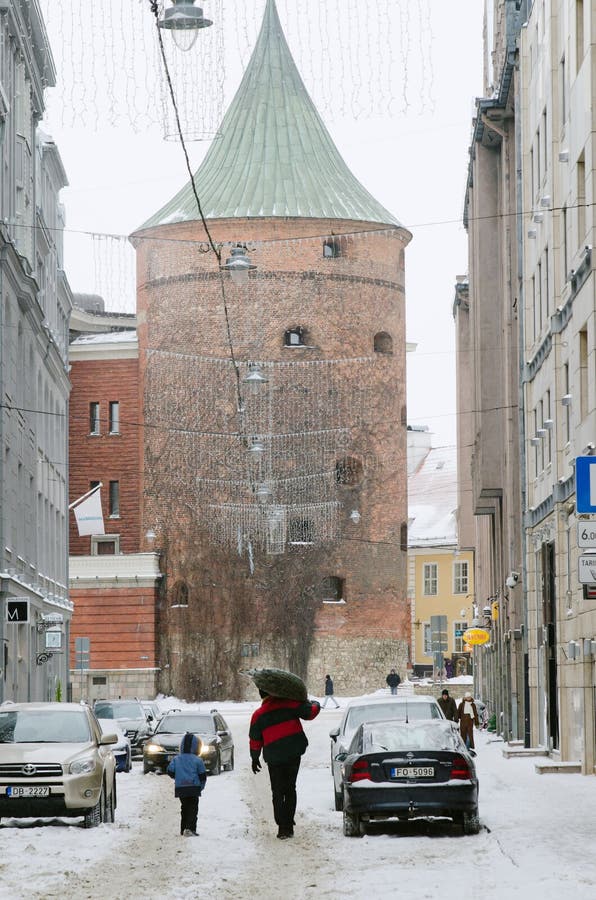 Street of Old Riga in Snow Day Editorial Photo - Image of decoration ...