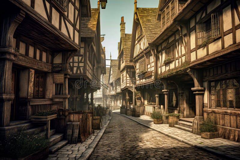 Street in the Old Town. Generative AI Stock Illustration - Illustration ...