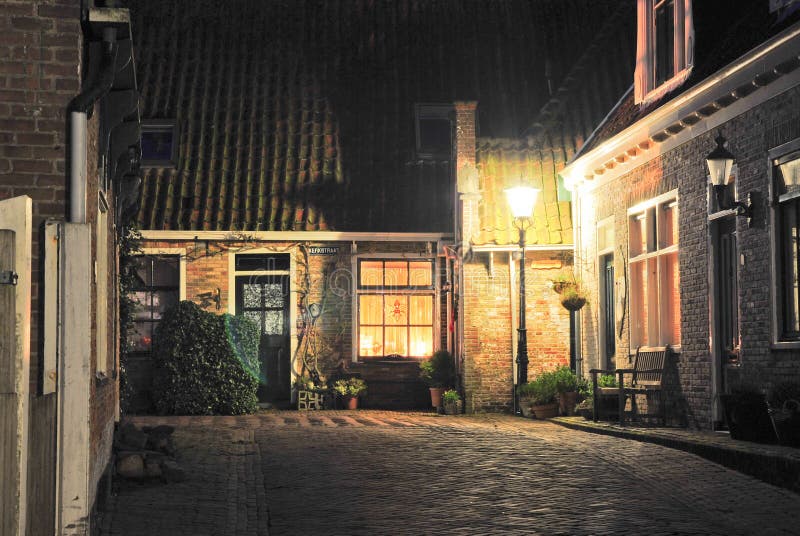 Street in Oosterend by Night Stock Image - Image of house, texel: 38296659