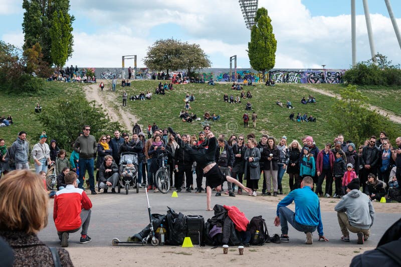 Street Performer Group Dancing Breakdance in Crowded Park Mauerpark in ...