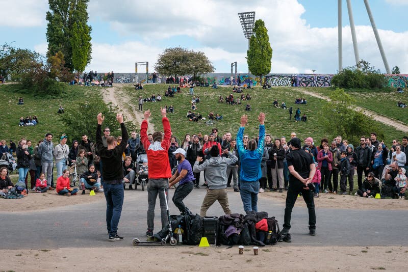 Street Performer Group Dancing Breakdance in Crowded Park Mauerpark in ...