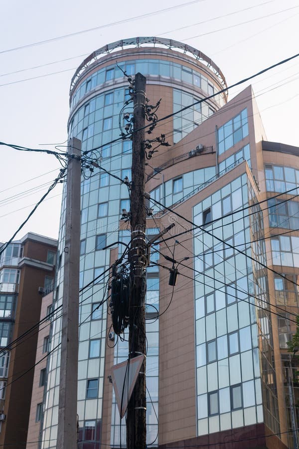 Street Pole with Many Tangled Wires Stock Photo - Image of wiring, pole ...