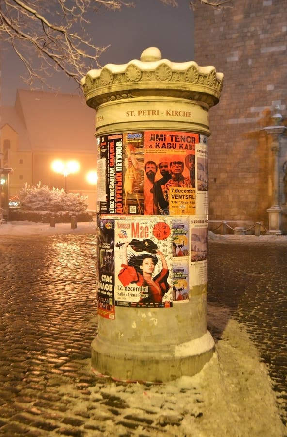 Street Poles Covered with Posters at Night Editorial Photography ...