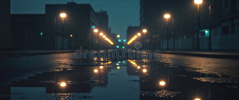 A Street with a Puddle of Water Reflecting the Street Lights Stock ...