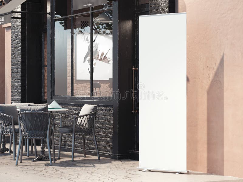 Street Restaurant with White Rollup Banner. 3d Rendering Stock ...