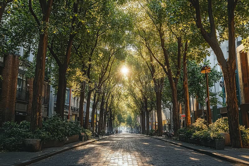 Street with a Row of Trees and Cars Parked on the Side. Stock Image ...