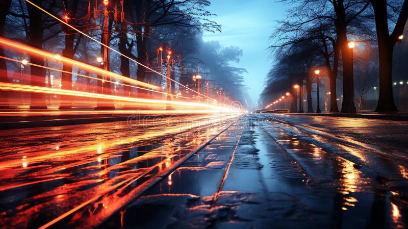 A Street Scene with a Light Trails from the City Lights Stock ...