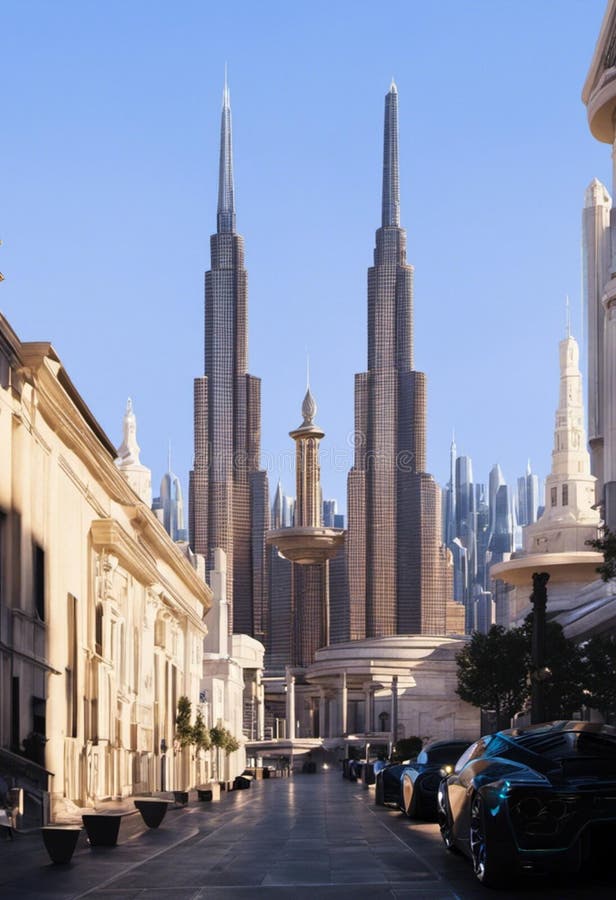 Street Scene with Two Large Buildings Looming in the Background, AI ...