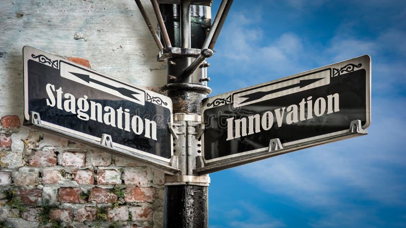 Street Sign Innovation Versus Stagnation Stock Image - Image of step ...