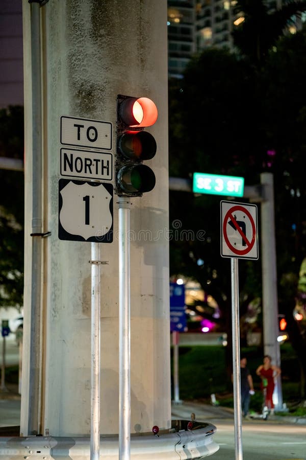 Street Signs in the City at Night Stock Image - Image of miami, night ...