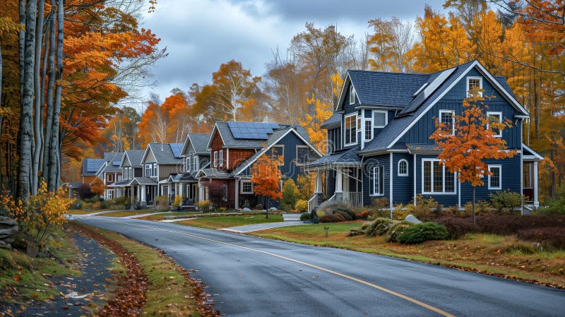 Street with Solar Panel Houses on Both Sides and a Road in the Middle ...