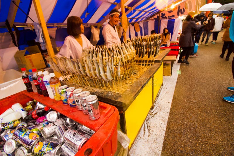 Street Food Store Party at the Temple Grounds, Grilled Fish on the ...
