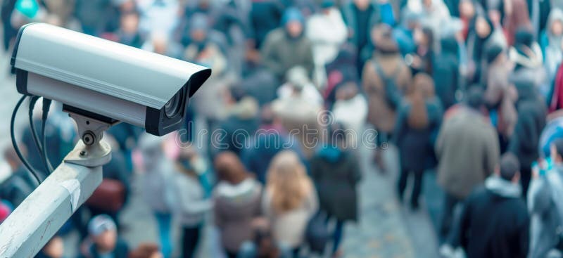 Street Surveillance Camera Viewing Over a Crowd Stock Illustration ...