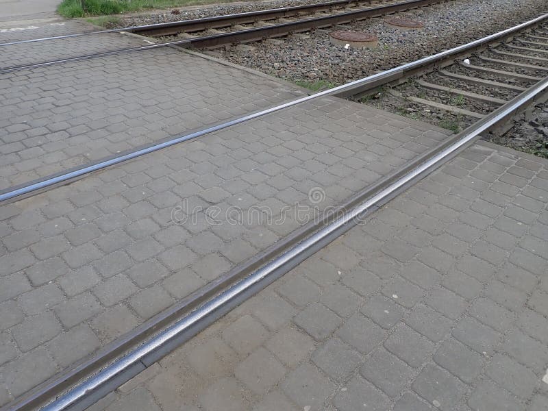 Street Tram Line Rails with Grey Pavement Stock Photo - Image of track ...