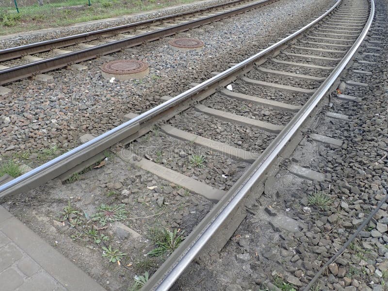 Street Tram Line Rails with Grey Pavement Stock Image - Image of street ...