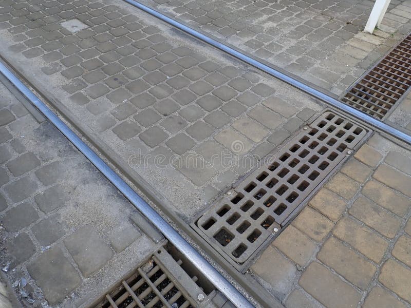 Street Tram Line Rails with Grey Pavement Stock Photo - Image of ...