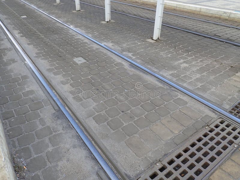 Street Tram Line Rails with Grey Pavement Stock Photo - Image of ...