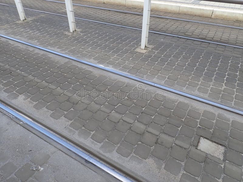 Street Tram Line Rails with Grey Pavement Stock Photo - Image of tram ...