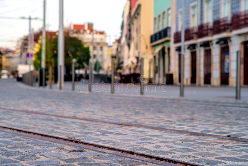 Street with a Tram Line of Rails. Selective Focus . Stock Image - Image ...