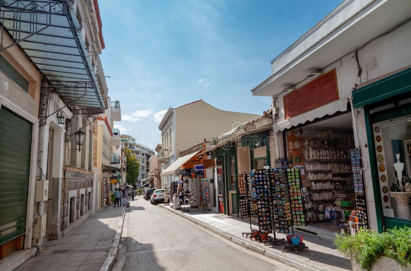 Street view of Athens stock image. Image of famous, anafiotika - 241208323