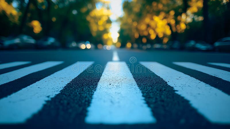 A Street View of a Crosswalk with a Blue Stripe. the Street is Empty ...