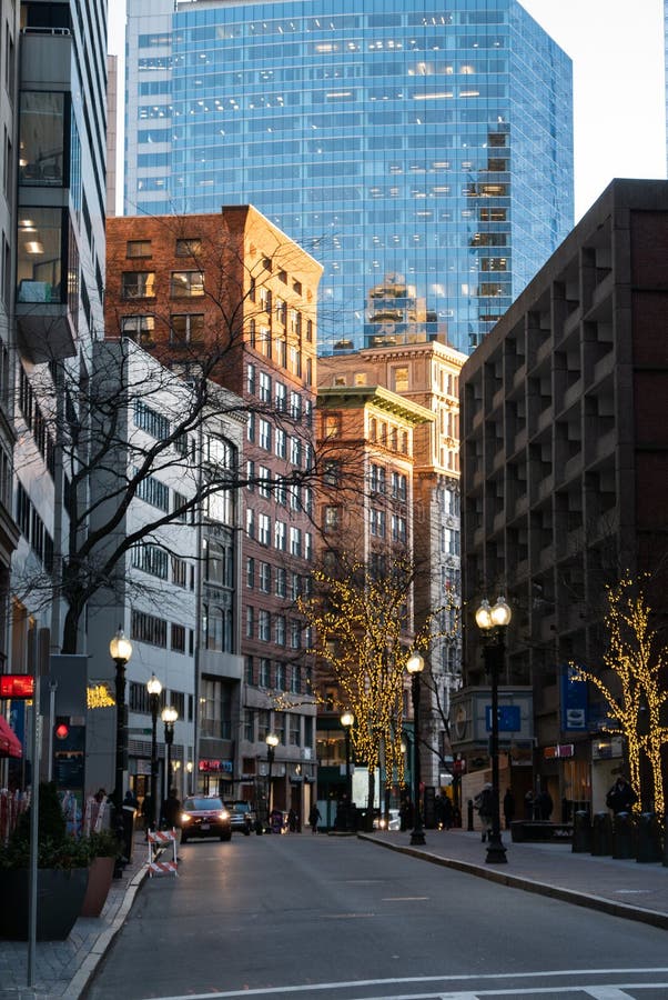 Street View of Downtown Boston at Dusk Stock Image - Image of mass ...