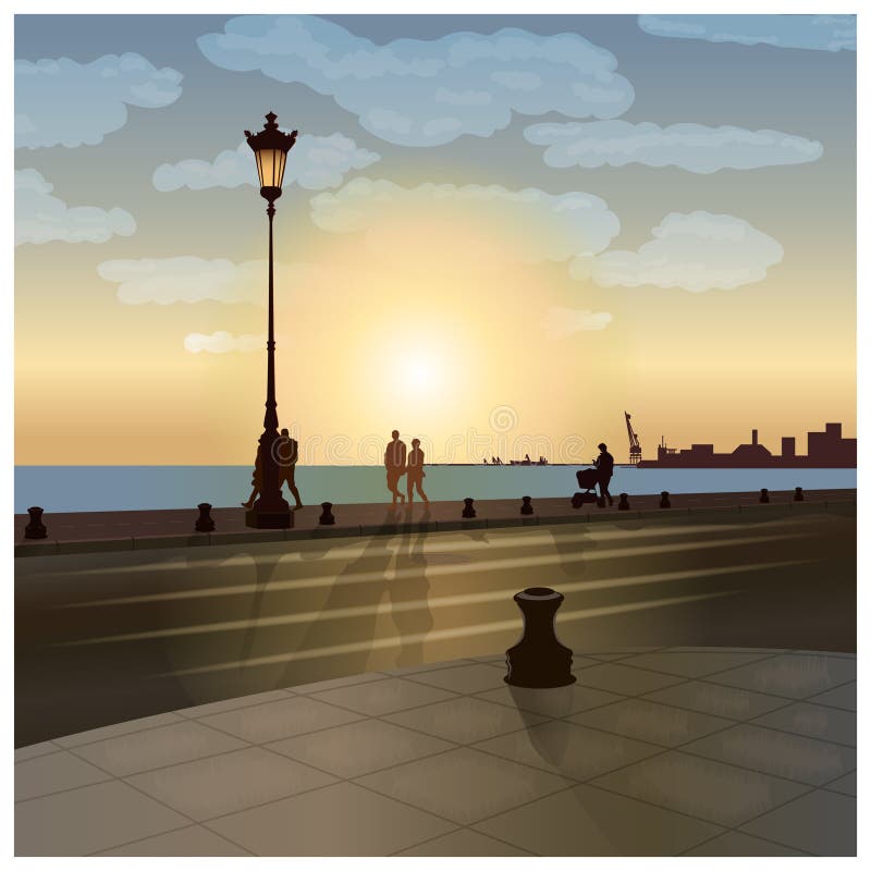 Street and Walking Path by the Sea Stock Vector - Illustration of ocean ...