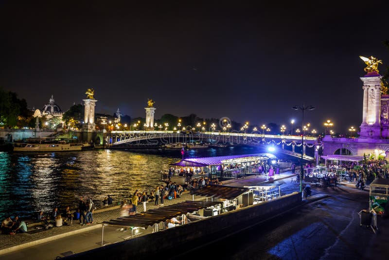 Street on the Waterfront of Paris by Night Editorial Photography ...