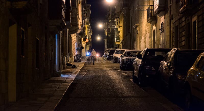 Streets of the Old City of Valletta. Night. Malta. Stock Photo - Image ...