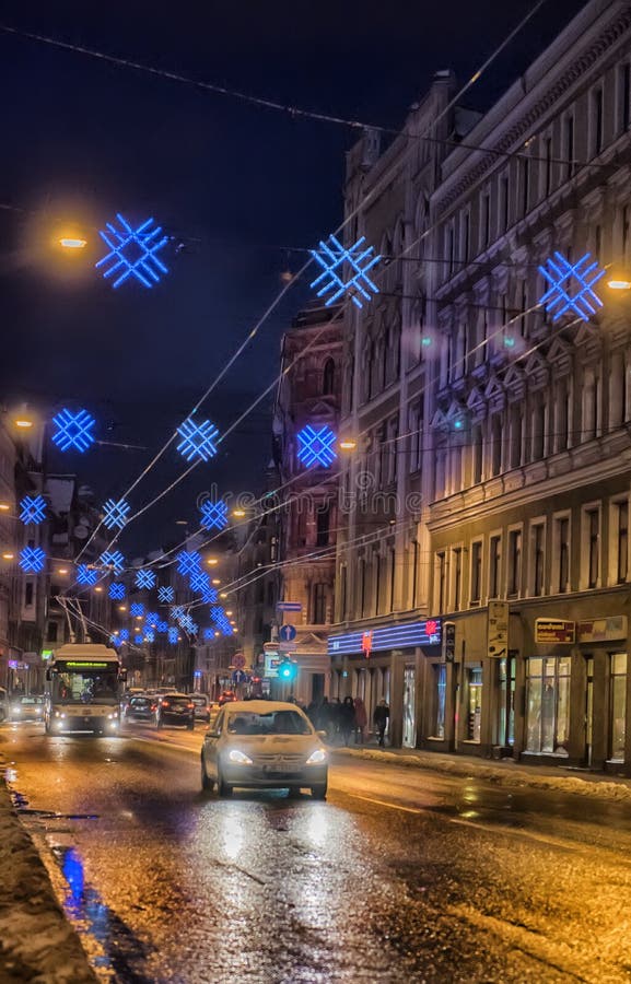 Streets of Riga at night editorial photography. Image of attraction ...
