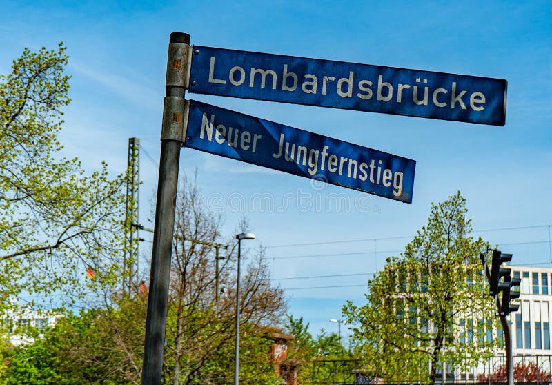 Streetsigns in Hamburg Jungfernstieg - CITY of HAMBURG, GERMANY - MAY ...
