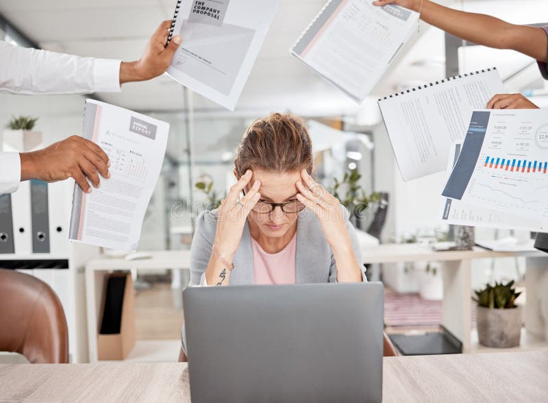 Stress Burnout And Woman With A Headache From Paperwork Deadline And